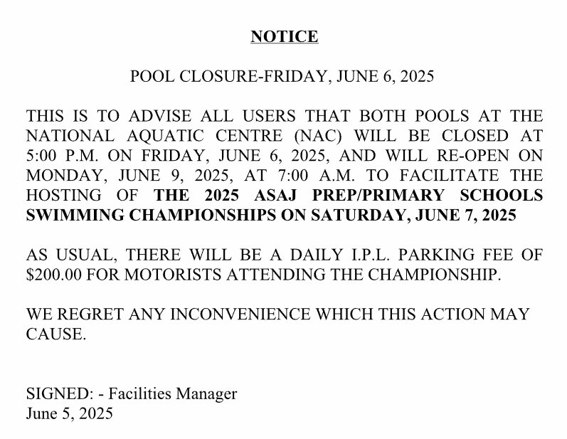 Pool Closure Notice - 6th June 2025